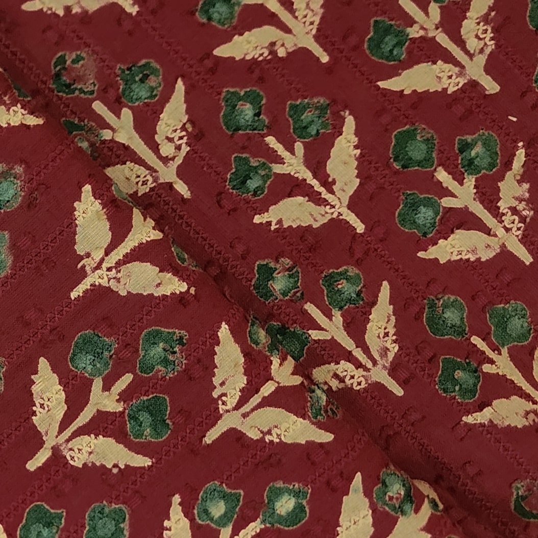Pure Cotton Reddish Pink Discharge With Cream Green Grass Flowers Hand ...