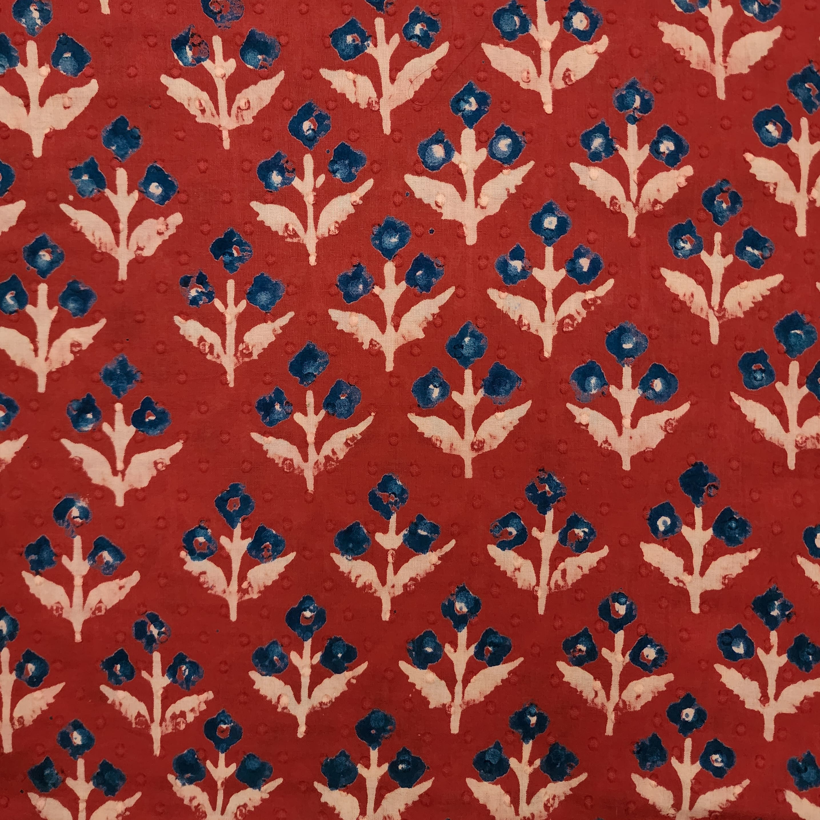 Pure Cotton Rust Discharge With Cream Blue Grass Flowers Hand Block Pr ...