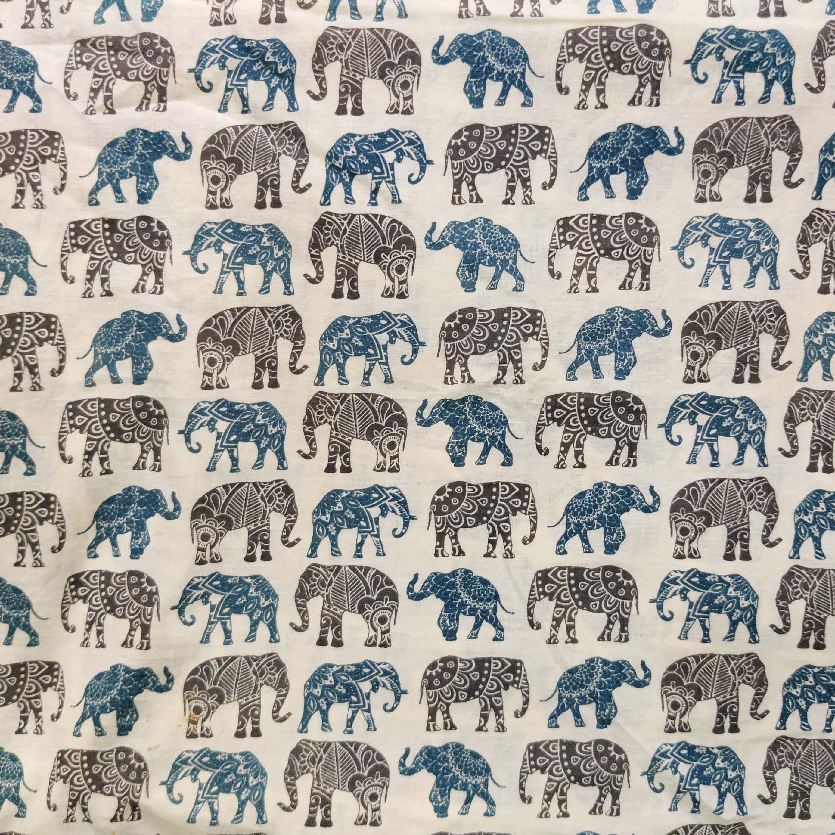 Pure Cotton Screen Print Cream With Blue And Black Elephants Fabric ...