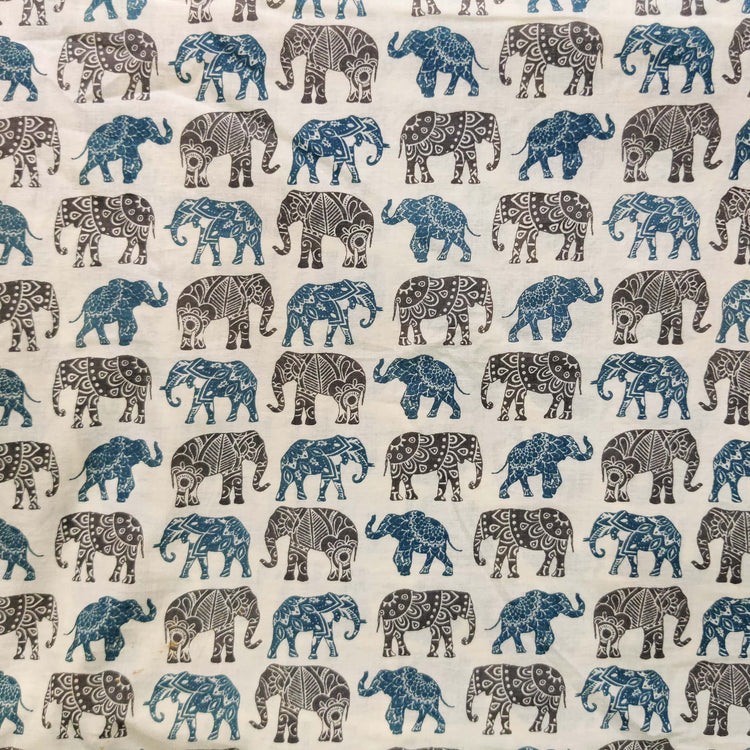 Pure Cotton Screen Print Cream With Blue And Black Elephants Fabric ...