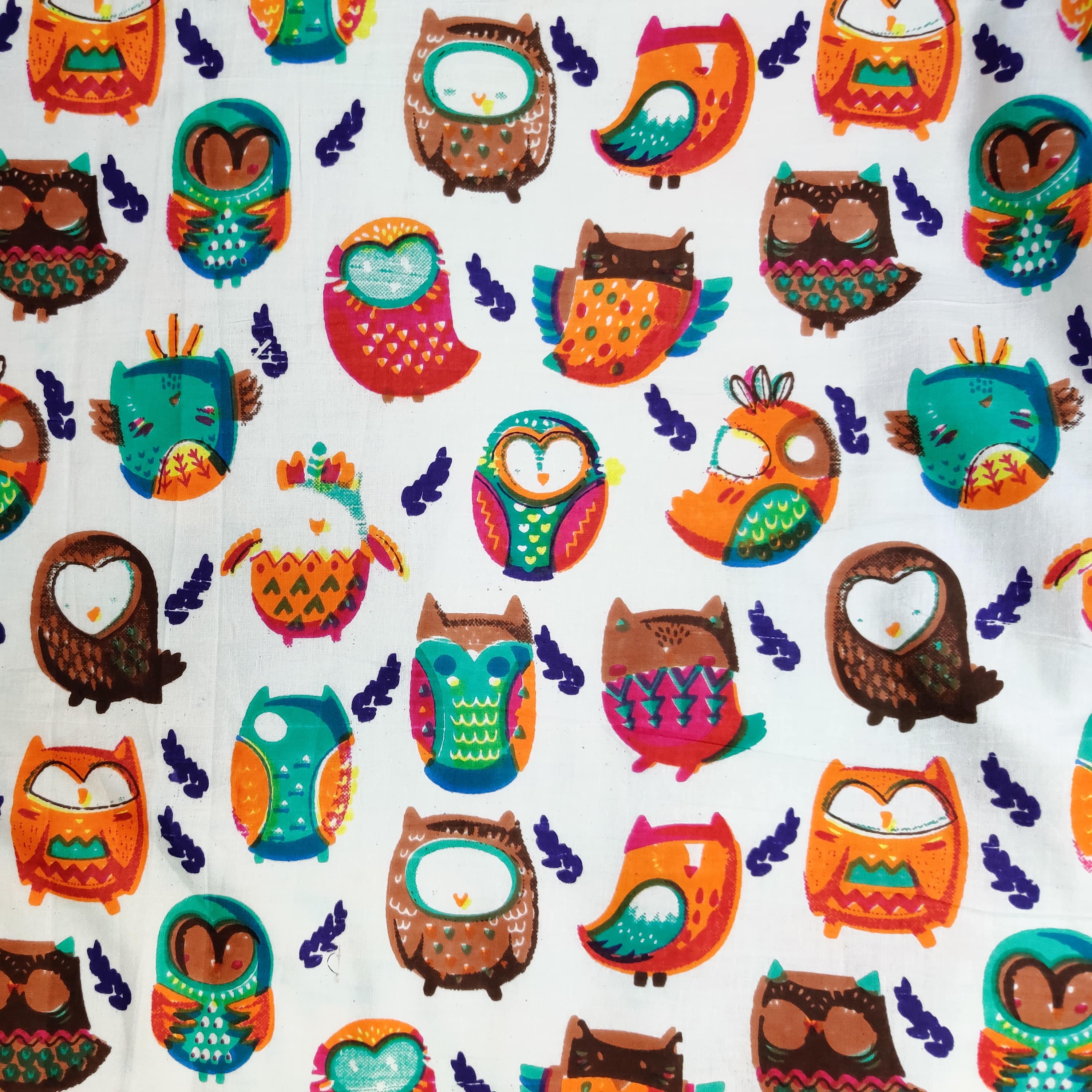 Pure Cotton Screen Print White With Multi Colour Owls Fabric – Sanskruti