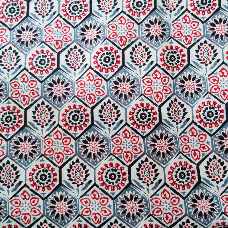 Pure Cotton Screen Print With Shades Of Red And Grey Print Fabric ...