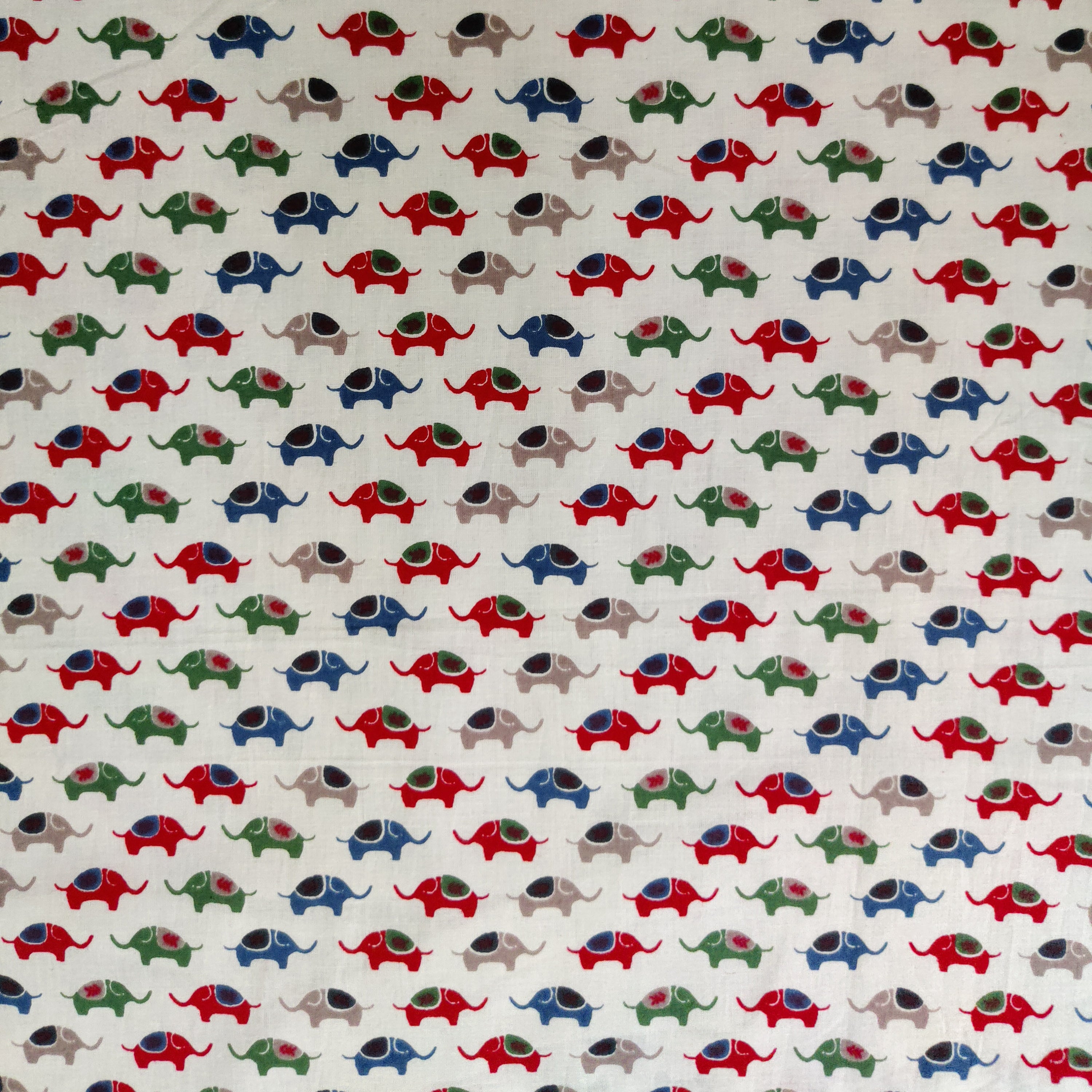 Pure Cotton Screenprint White With Multicolor Elephant Printed Fabric ...
