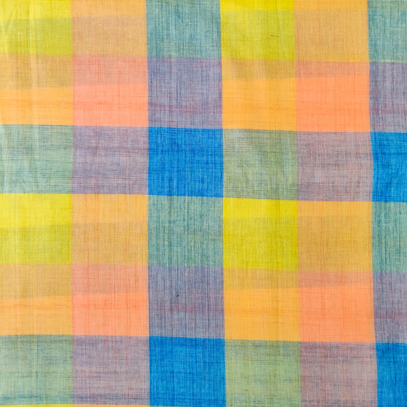 Pure Cotton Shades Of Green Blue Yellow Peach Checks Handloom Fabric ...