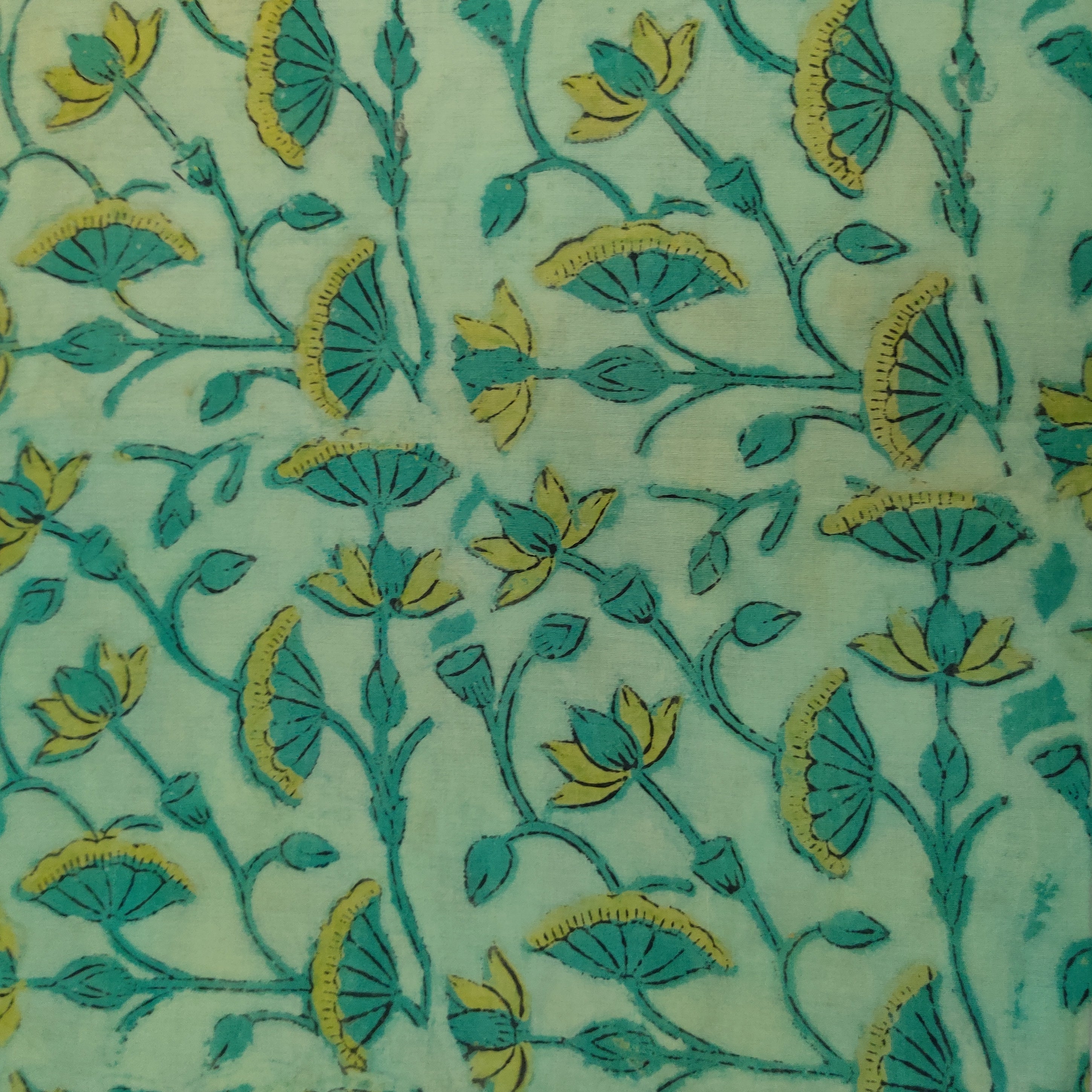 Pure Cotton Vanaspati Green Blue With Lotus Jaal Hand Block Print Fabr ...