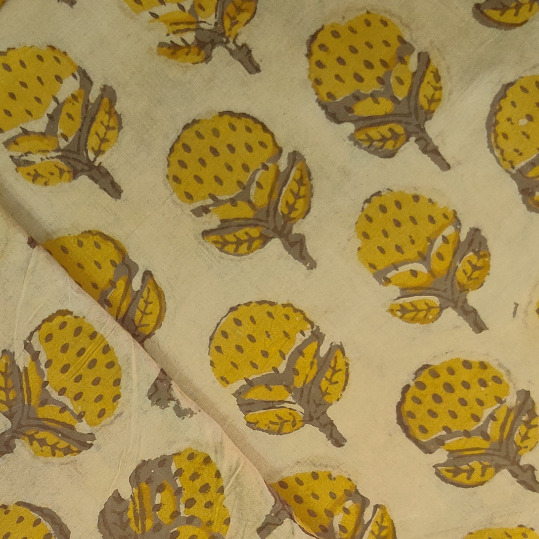 Pure Cotton Vanaspati Sandy With Mustard Motifs Hand Block Print Fabri ...