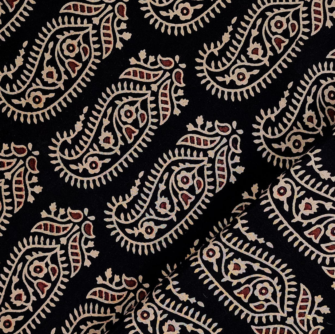 Pure Cotton Vegetable Dyed Black With Cream Rust Kairi Motifs Hand Blo – Sanskruti
