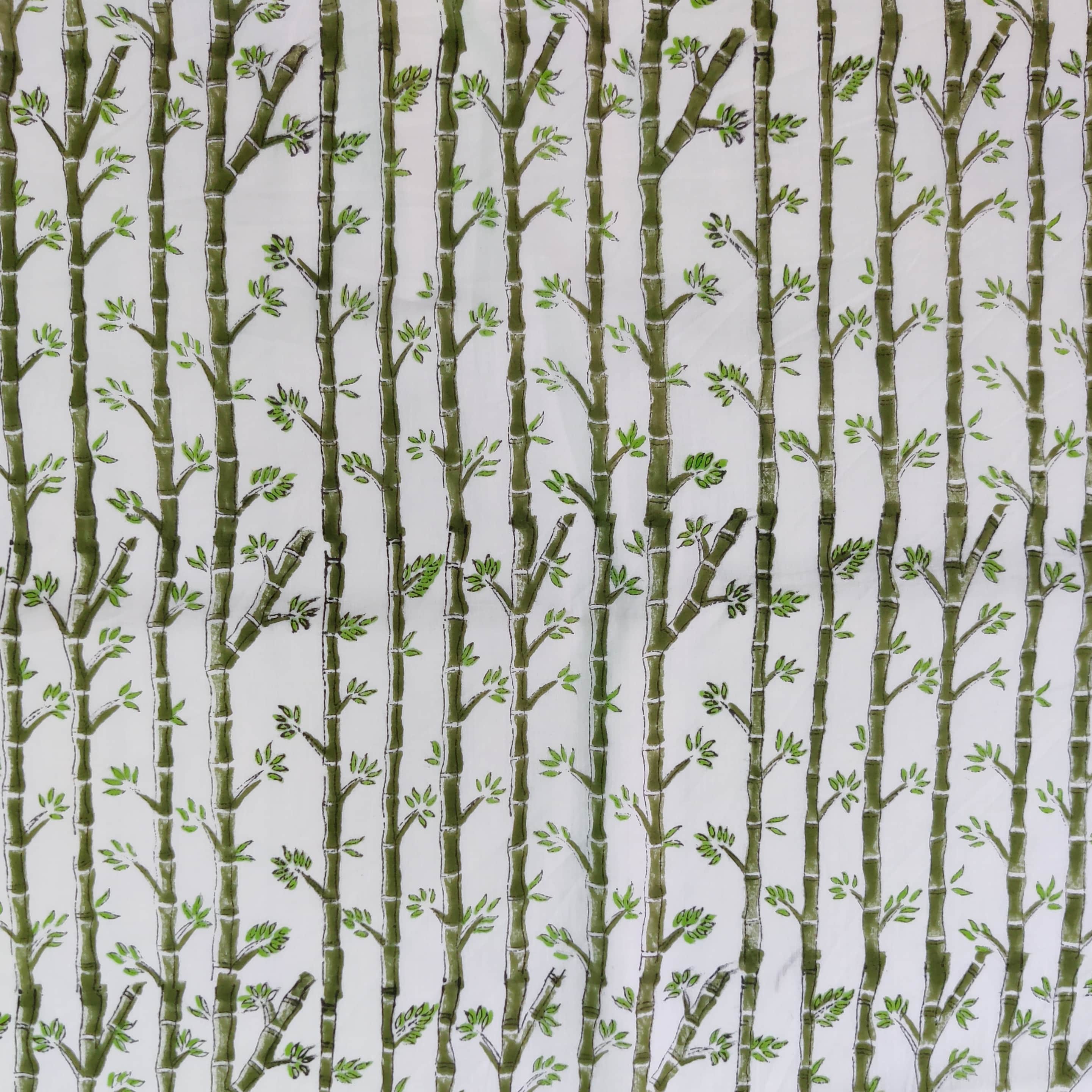 Pure Cotton White With Dark Green Bamboo Hand Block Print Fabric ...