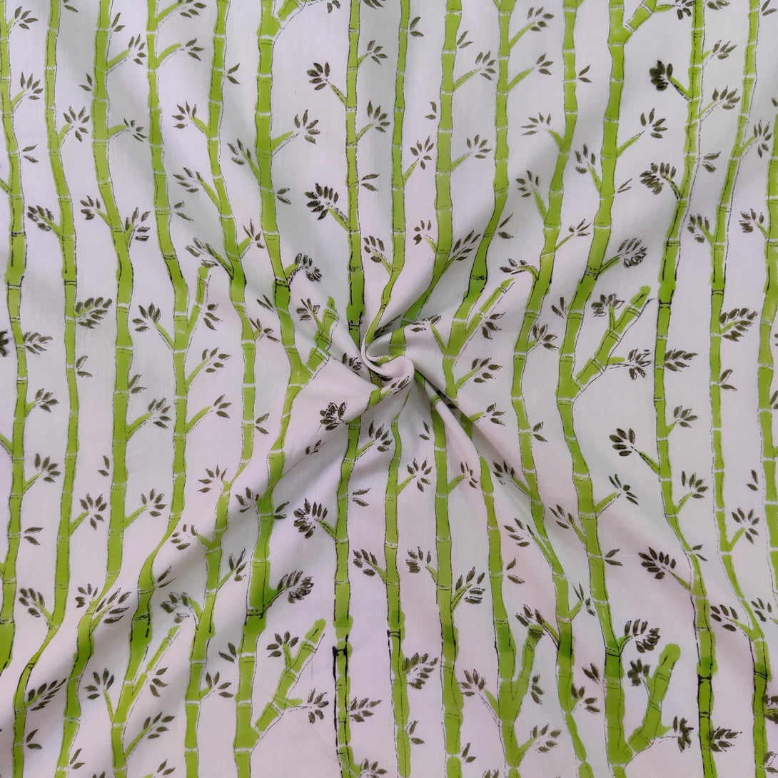 Pure Cotton White With Green Bamboo Hand Block Print Fabric – Sanskruti