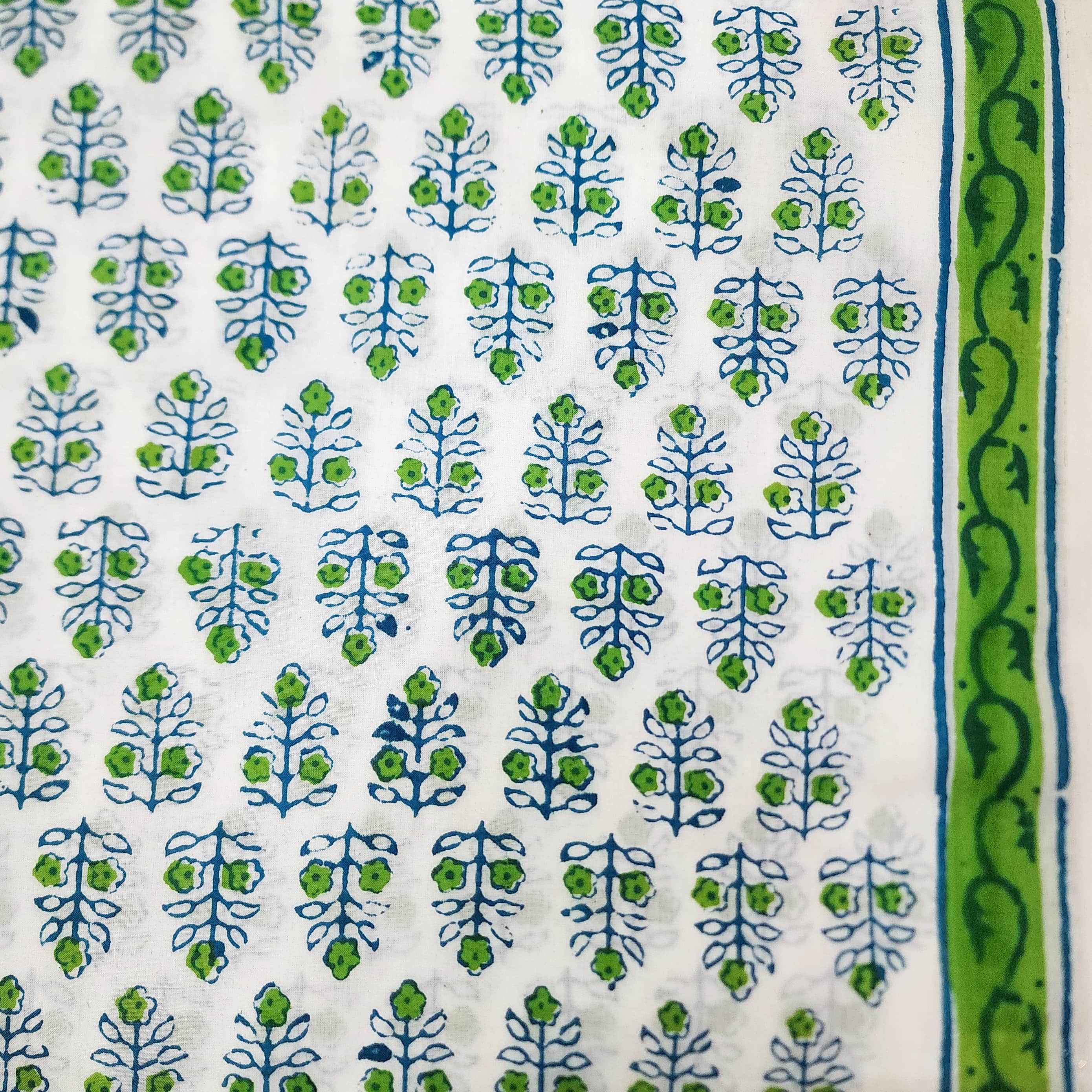 Pure Cotton White With Green Three Flower Plant Hand Block Print Fabri ...