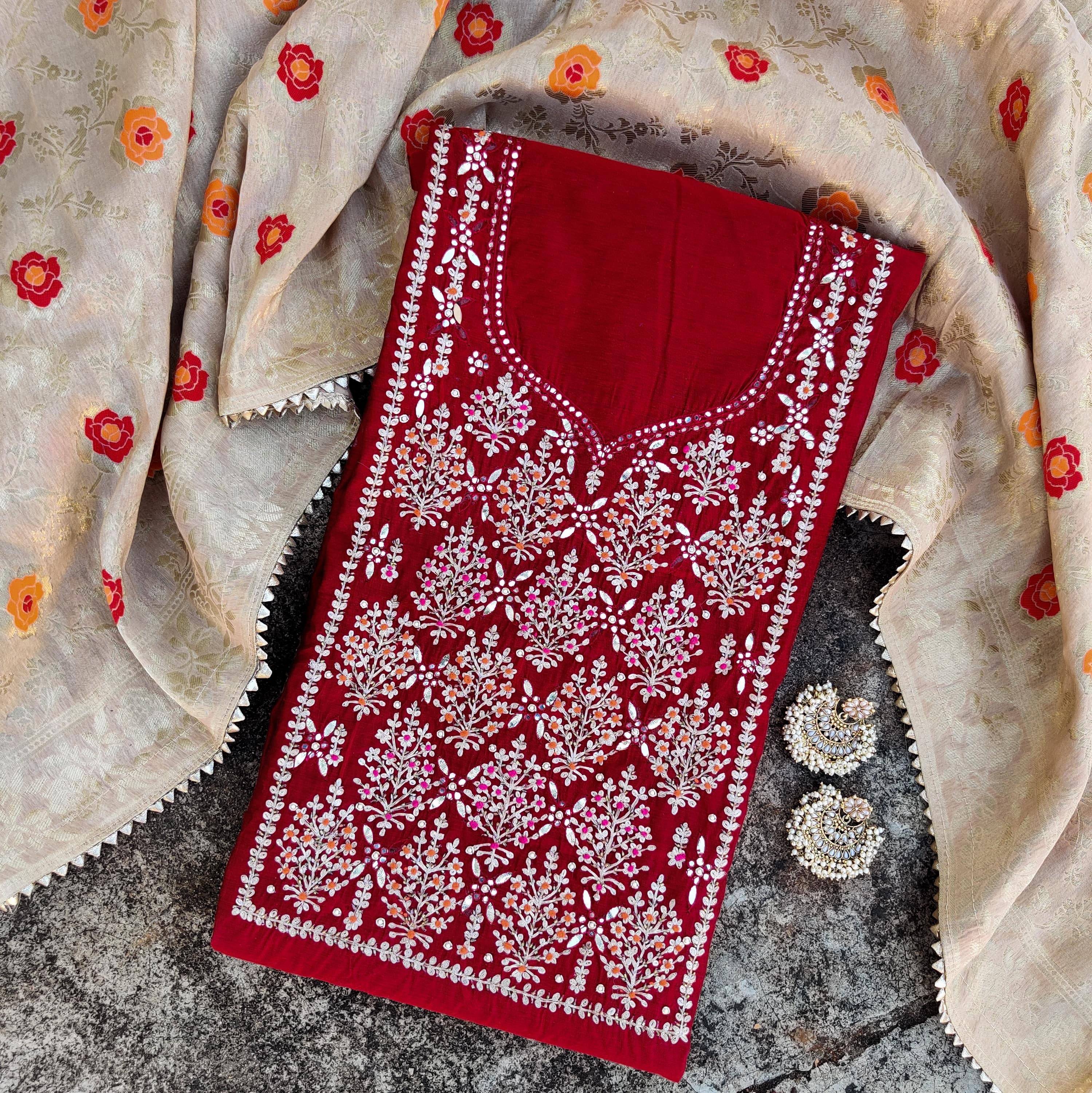 RANISA- Red Mughal Motif Embroidered Yoke Top Fabric With A Rayon Bott ...