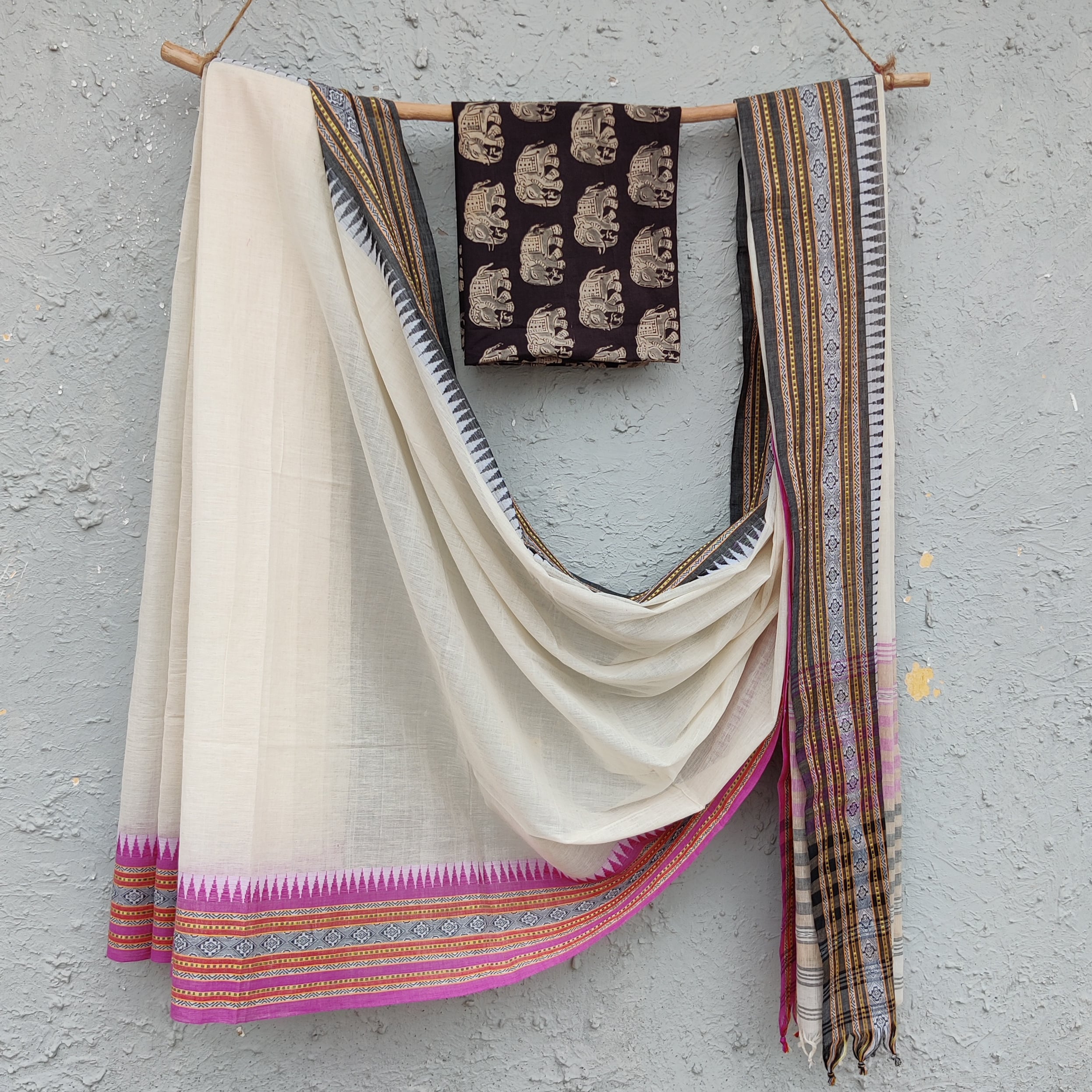 ROOPKATHA - Pure Cotton Cream Bengal Handloom Saree With Purple And Bl ...