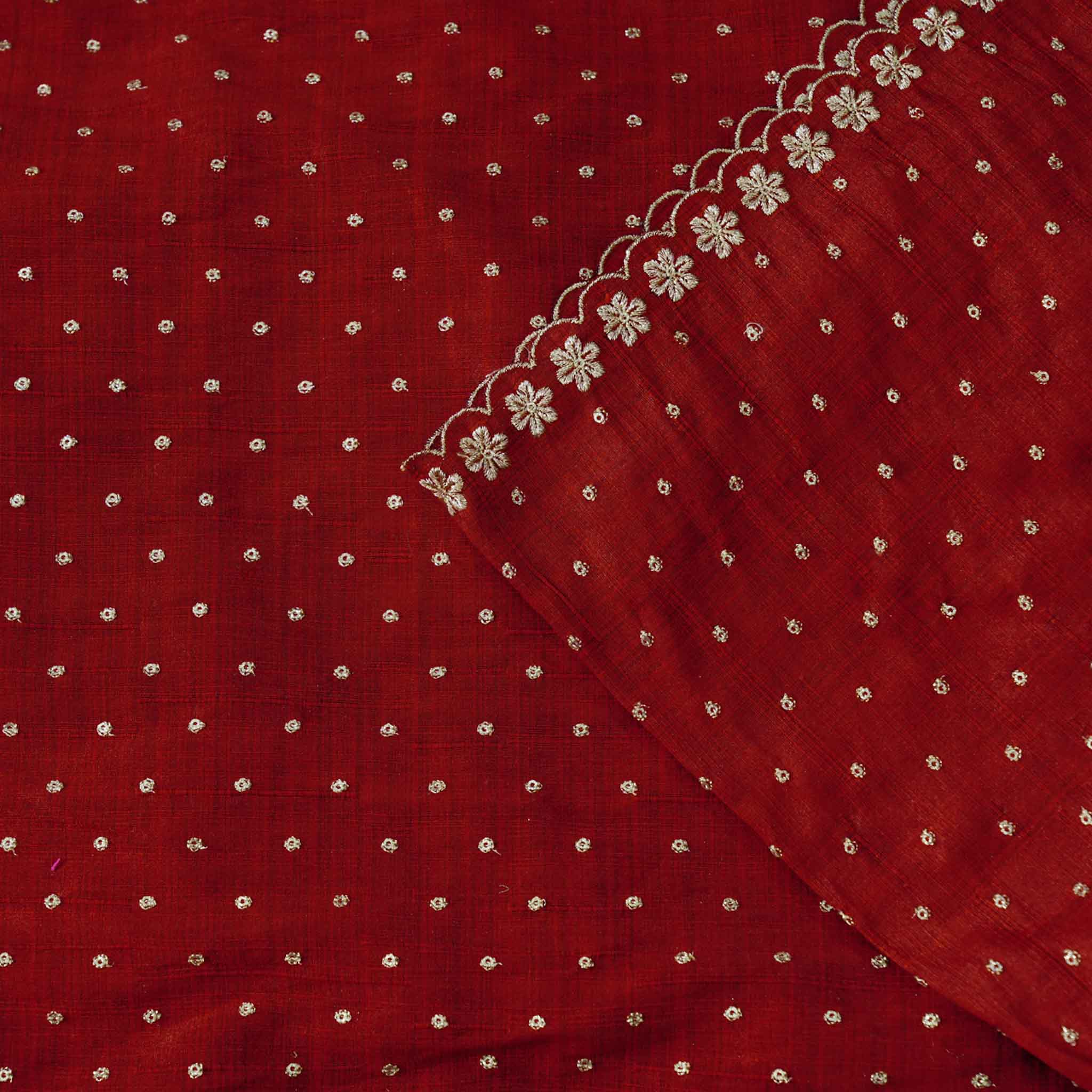 Red Slub Silk Cotton With Gold Zari Butti With One Side Scalloped Bord ...