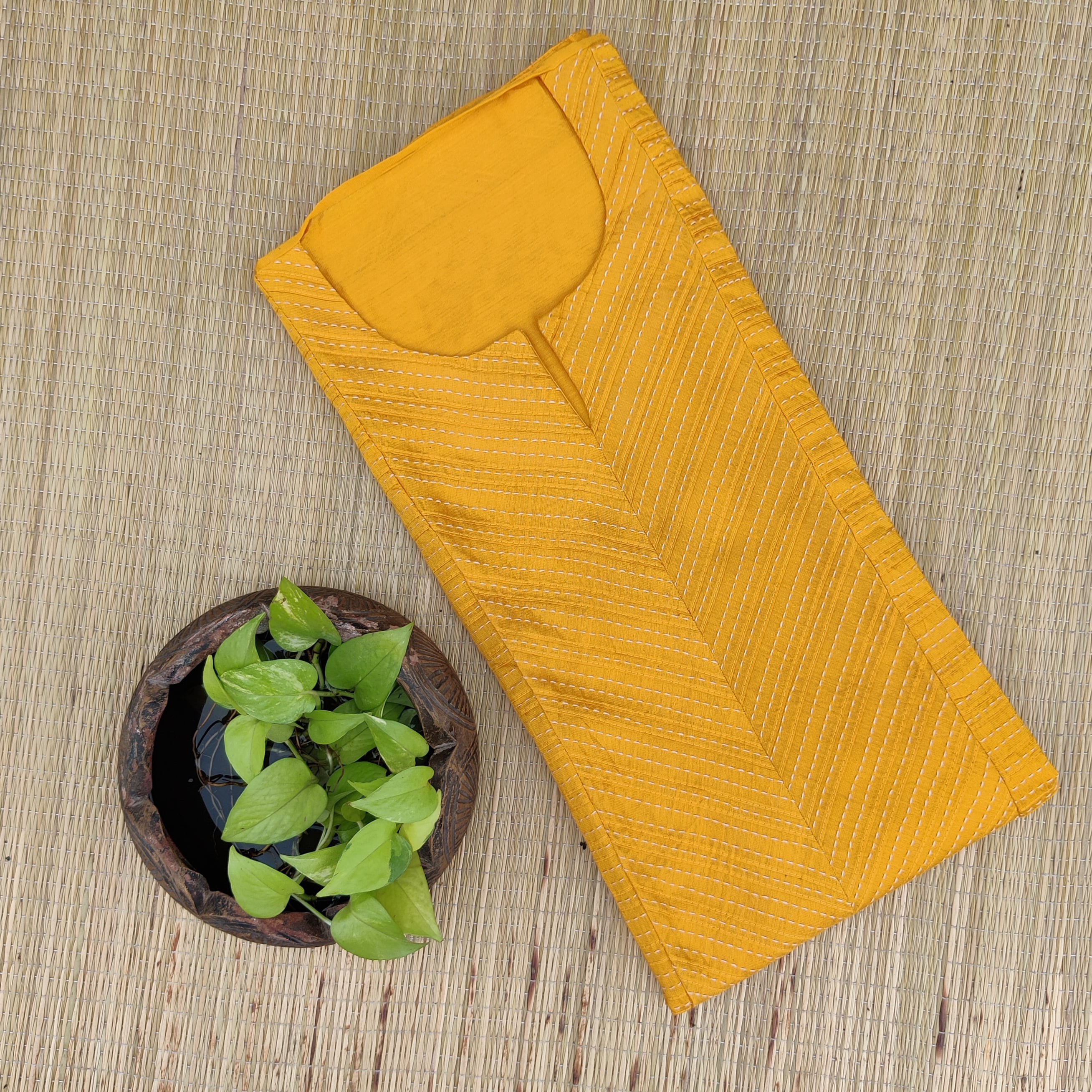 SAMYA - Pre Designed Cotton Silk Yellow All Over Kaatha Stitches Unsti ...