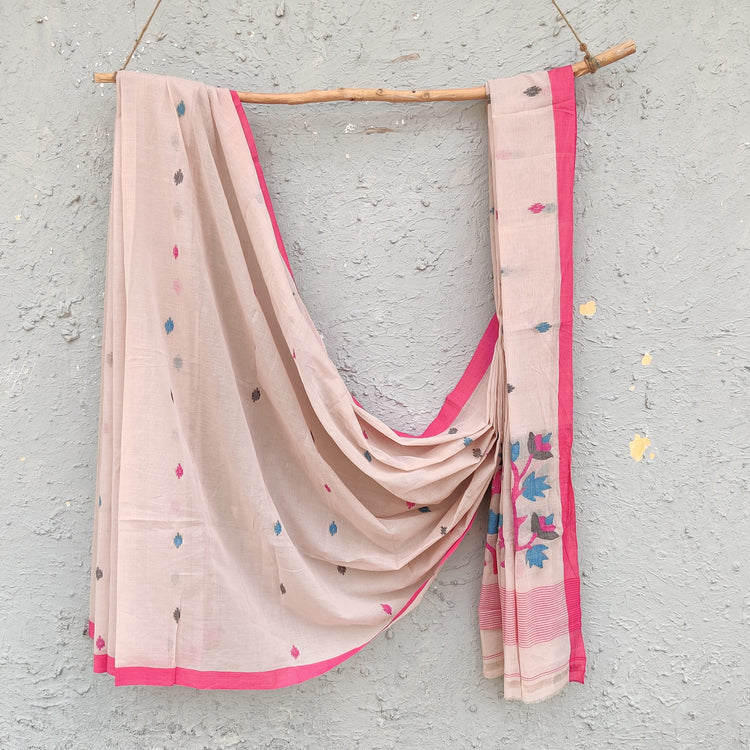 SHEVANTI - Pure Cotton Soft Jamdani Saree With Pink Border – Sanskruti
