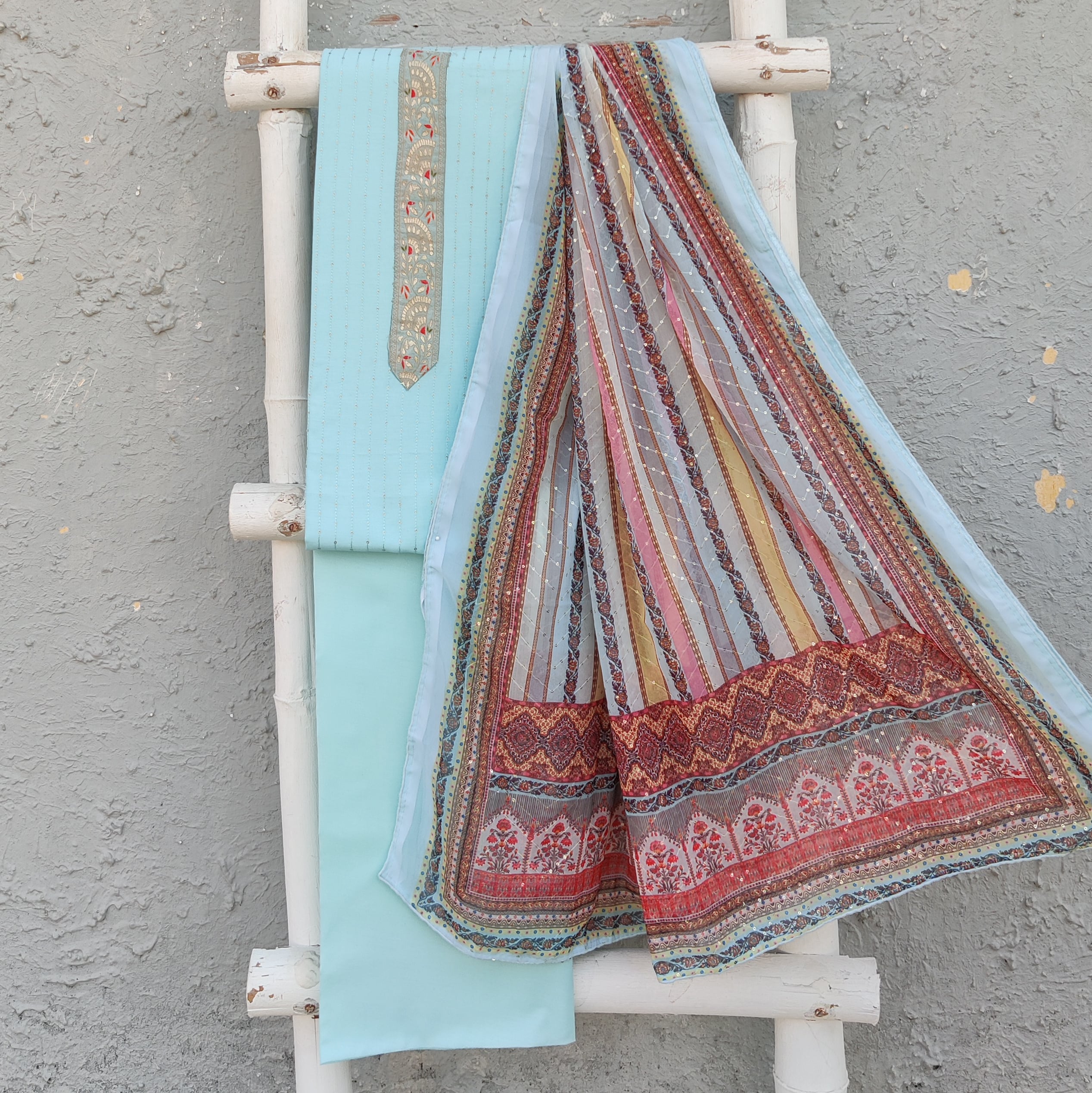 TARA - Sequence Work Blue Glazed Cotton Blend Top Fabric With Rayon Bl ...