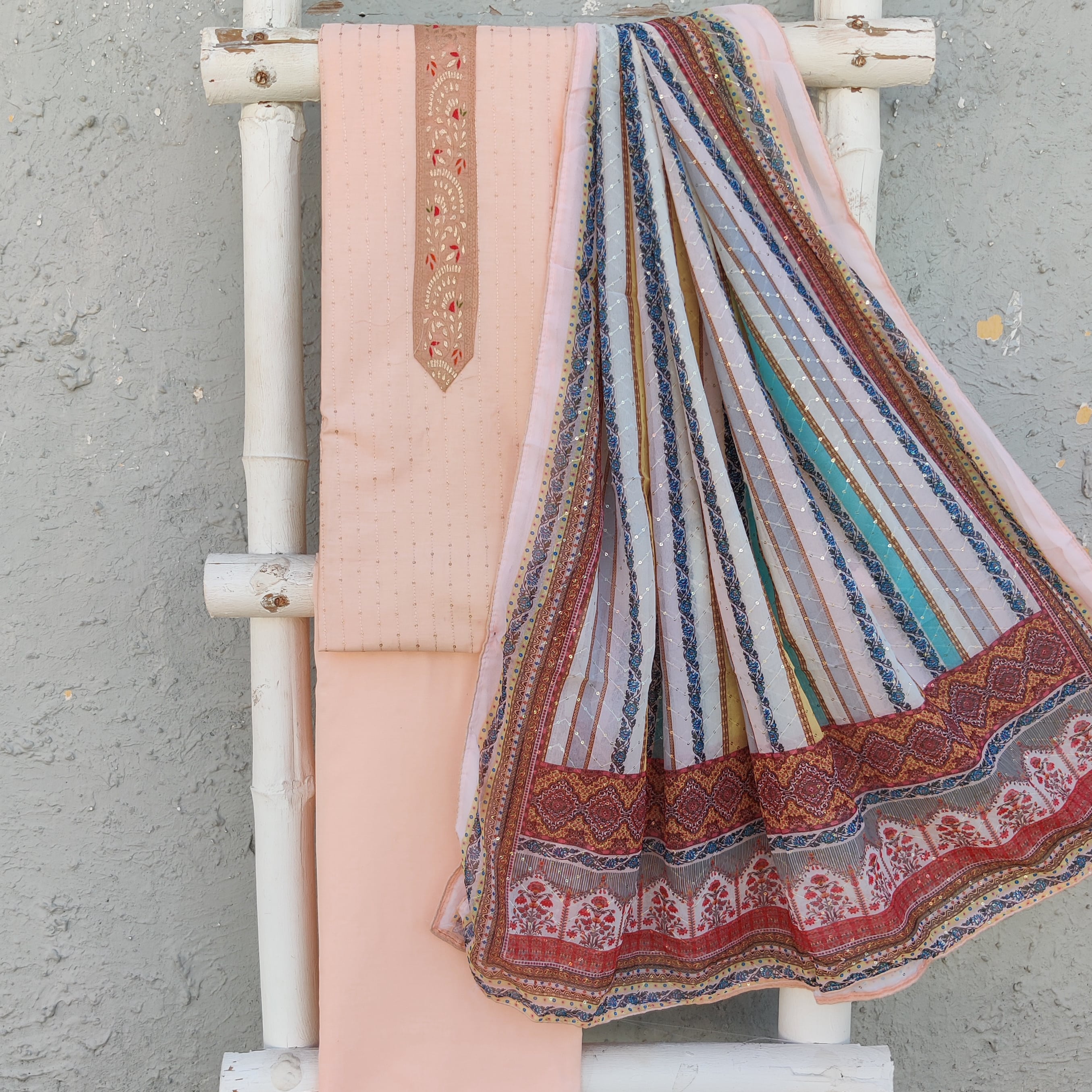 TARA - Sequence Work Peach Glazed Cotton Blend Top Fabric With Rayon B ...