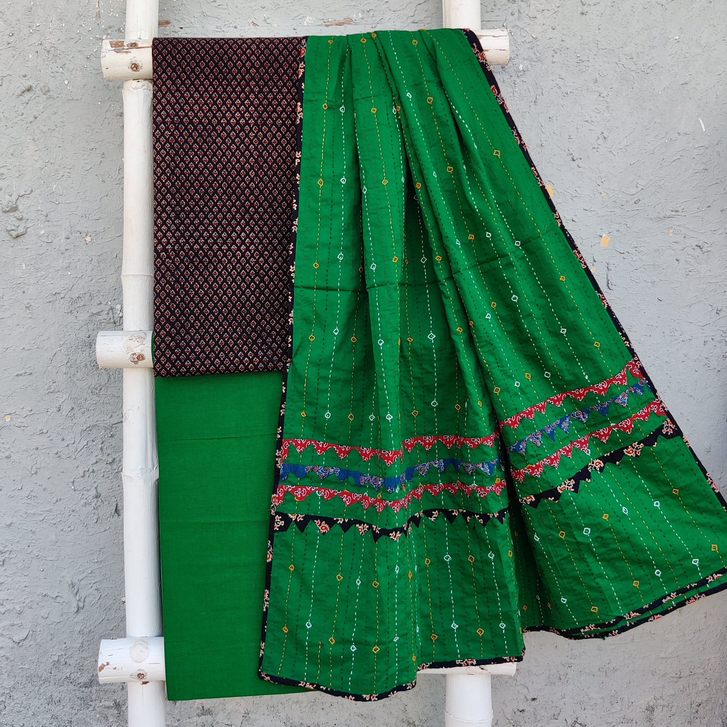 WHEN AJRAK MEETS KAATHA - Pure Cotton Black Ajrak Top With Green Botto ...