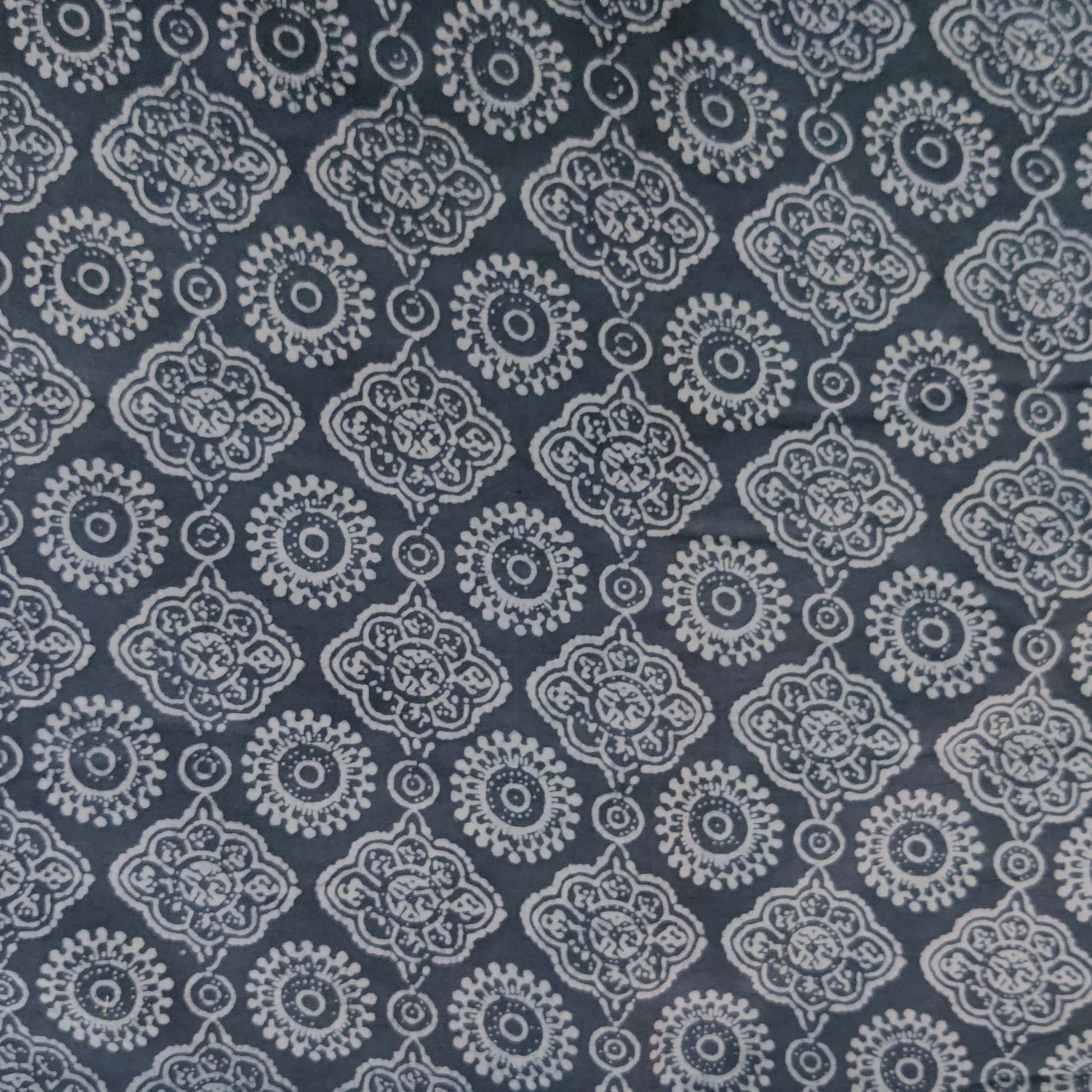 pure Cotton Dabu Grey With With All Over Motifs Hand Block Print Fabri ...